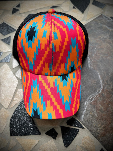 Women’s Orange/Pink/Blue Aztec Pony Tail Ball Cap – Twisted T Western ...